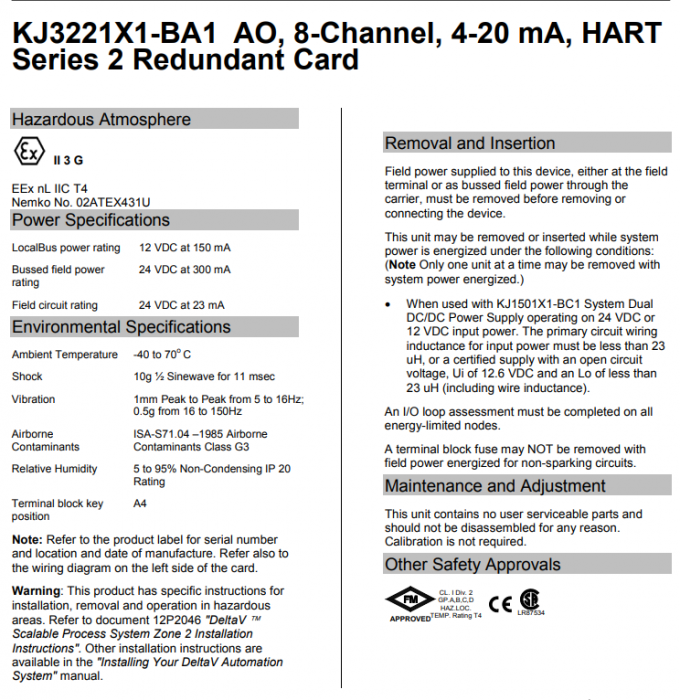 Emerson Kj3221x1-Ba1 Analog Out Hart Series 2 Delta V AO 2 Redundant Card